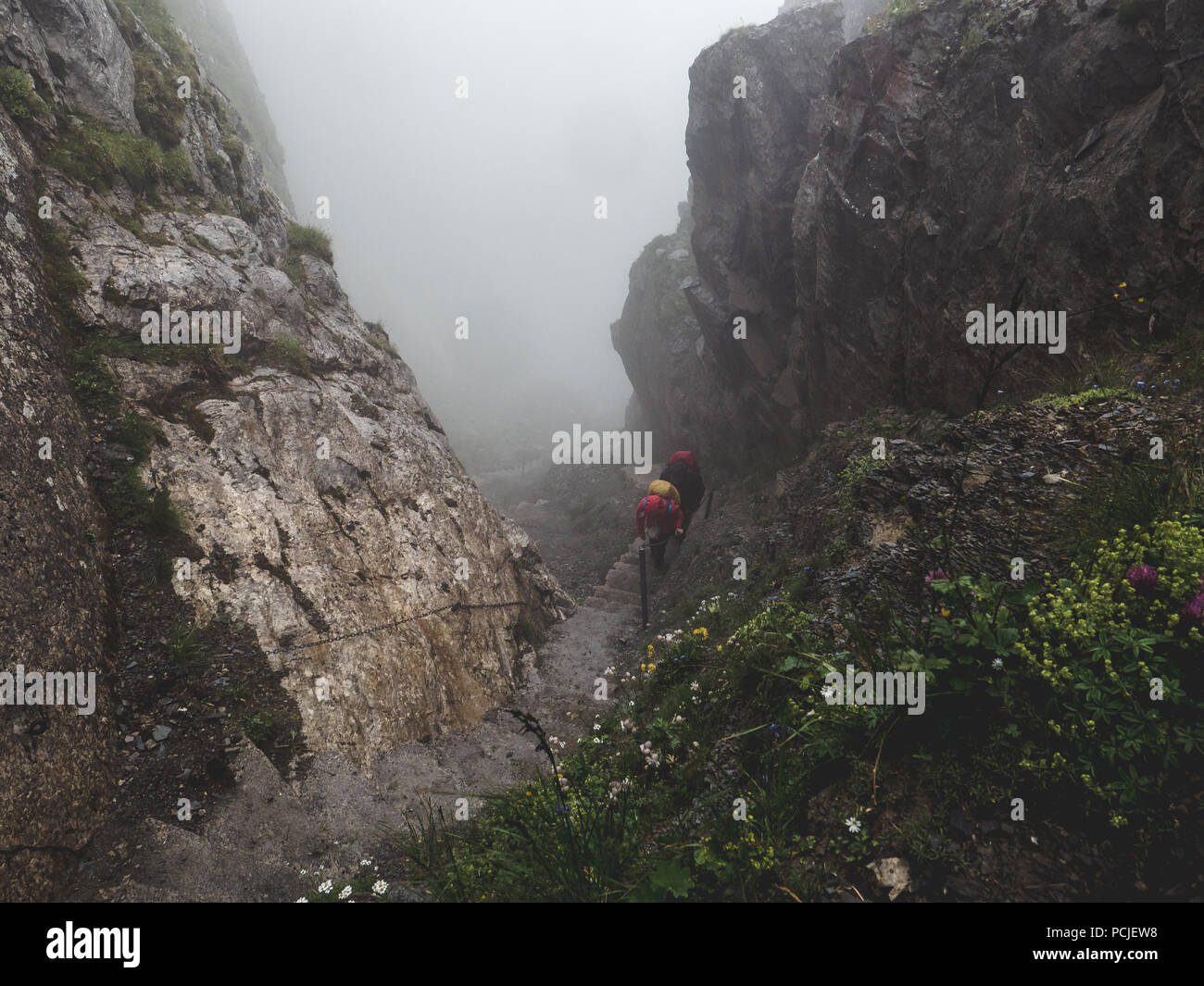 two people walking up a steep mountain hiking path covered in fog and ...