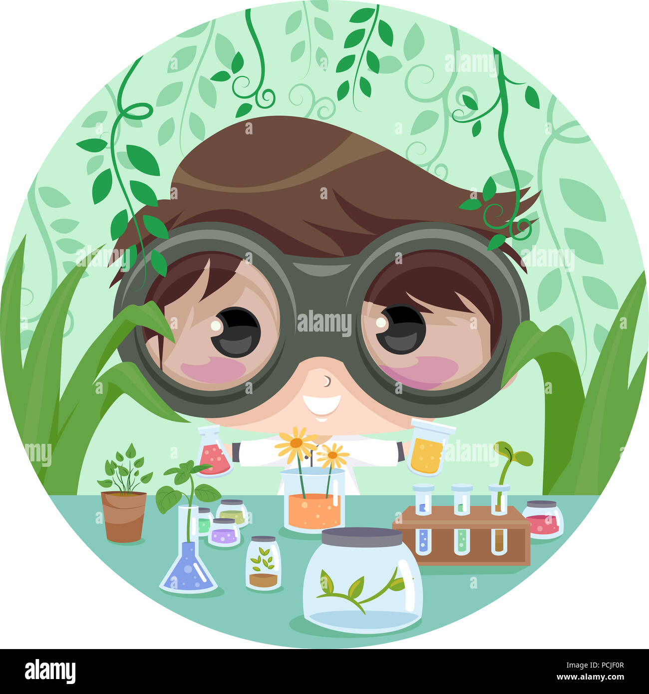 Illustration of a Kid Boy Looking at His Plant Experiments Stock Photo ...
