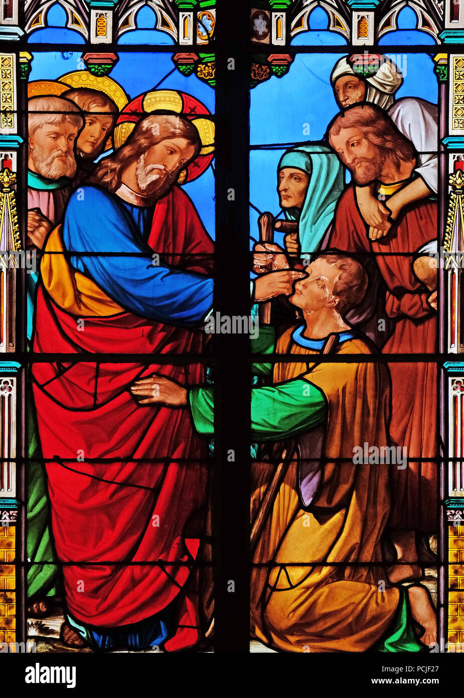Jesus heals a blind man, stained glass windows in the Saint Eugene ...