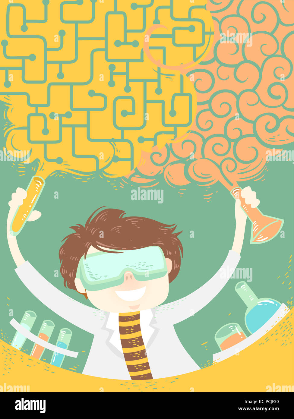 Abstract Illustration of a Man Scientist Forming a Brain Cloud with ...