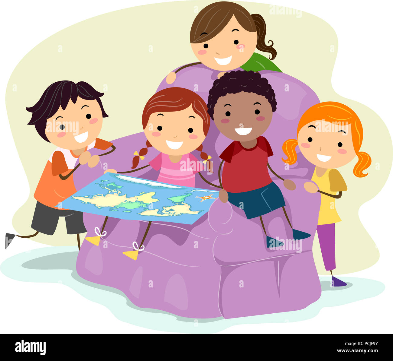Illustration of Stickman Kids Sitting on a Chair Looking at a World Map ...