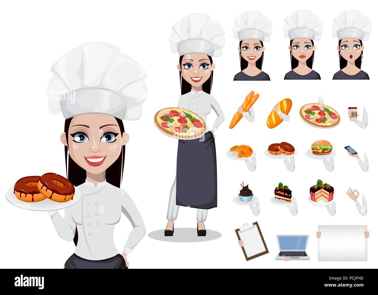Beautiful baker woman in professional uniform and chef hat, set. Pack ...