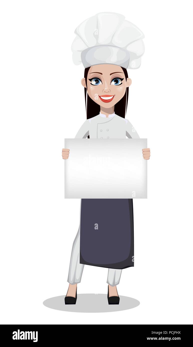 Beautiful baker woman in professional uniform and chef hat holding ...