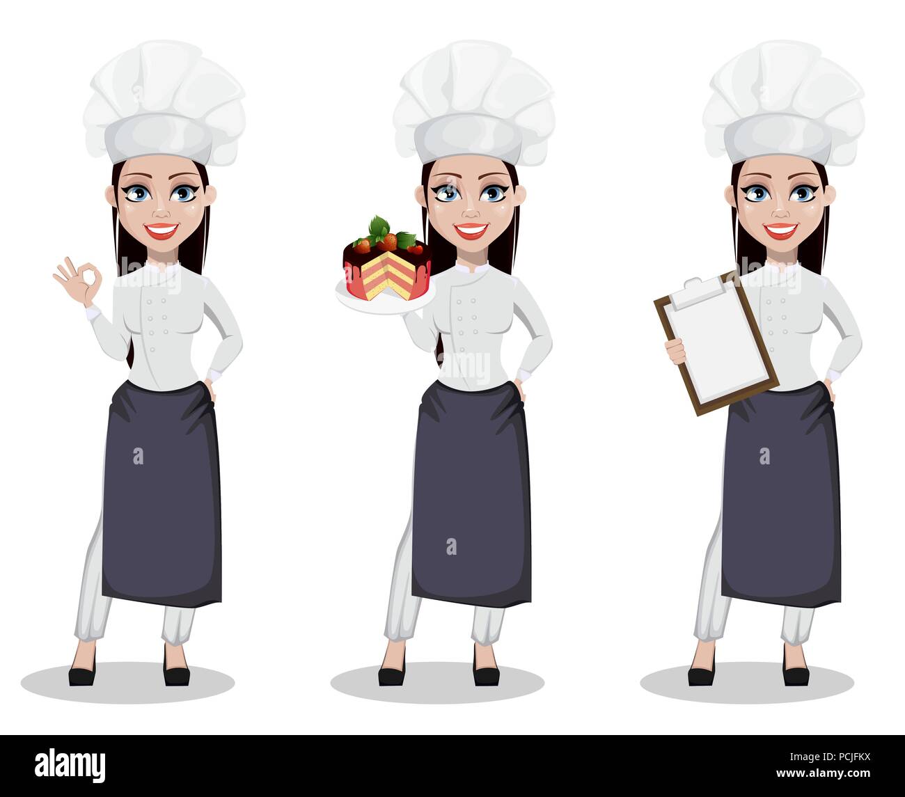 Beautiful baker woman in professional uniform and chef hat, set of ...