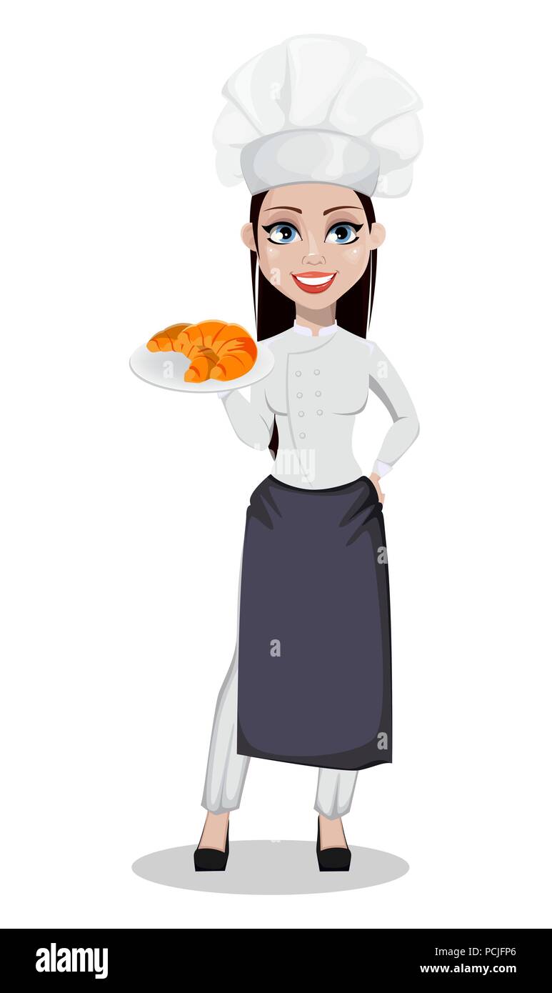 Beautiful baker woman in professional uniform and chef hat holding ...