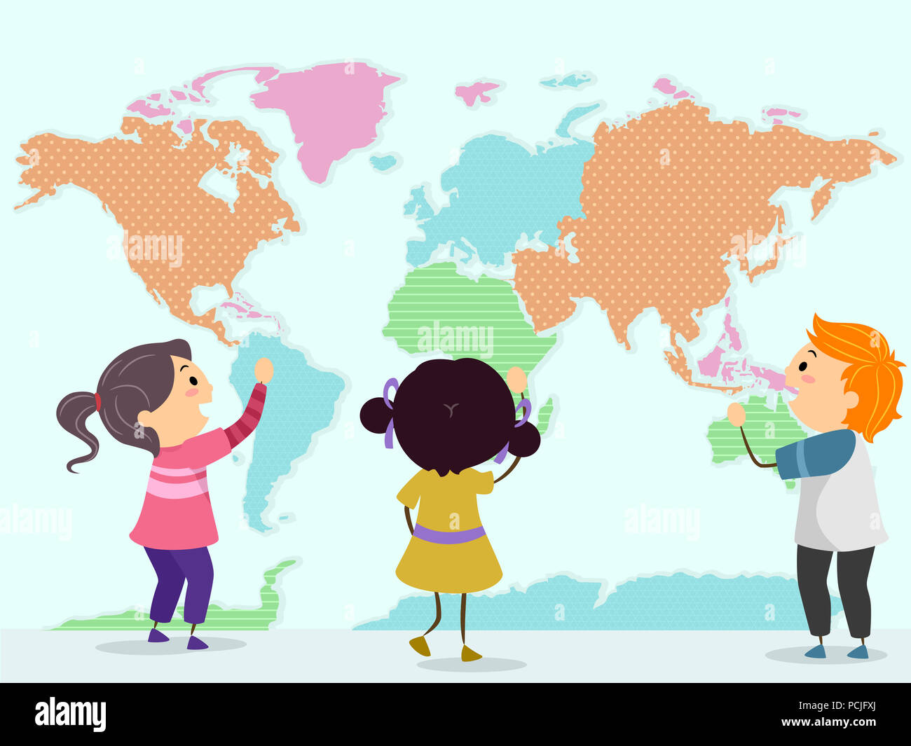 Illustration of Stickman Kids Sticking a World Map with Patterns on the ...