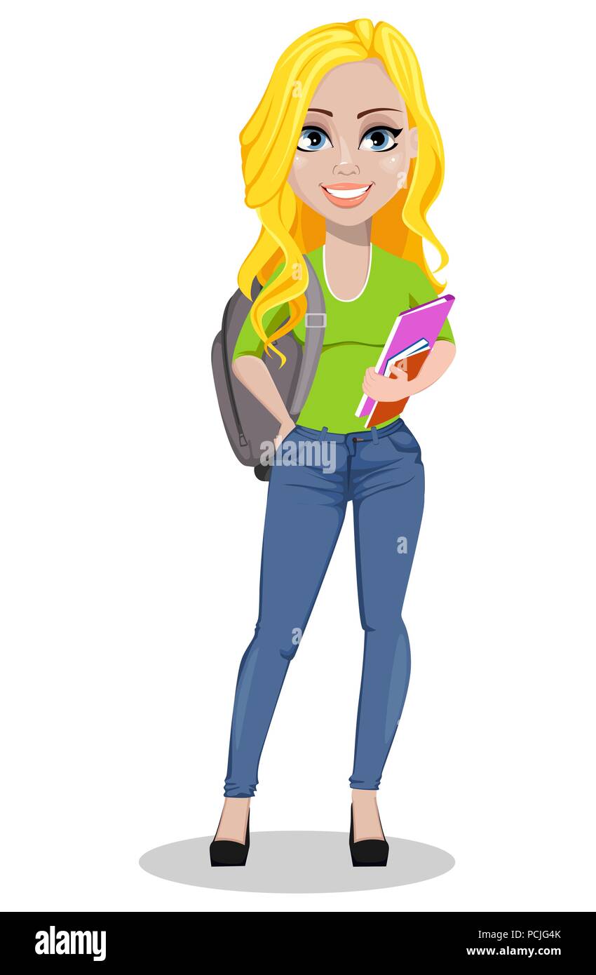 Happy student with books and backpack. Beautiful female cartoon ...