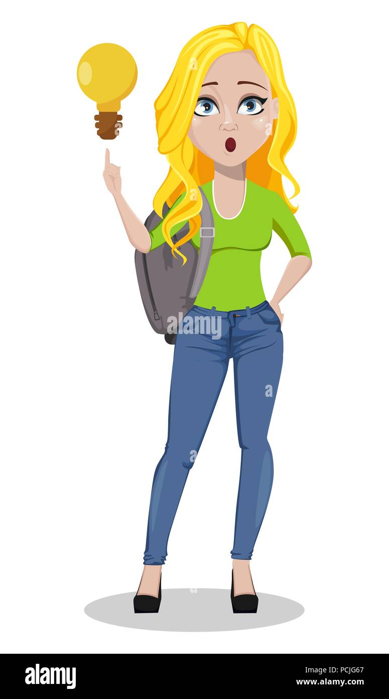 Happy student with backpack. Beautiful female cartoon character having ...