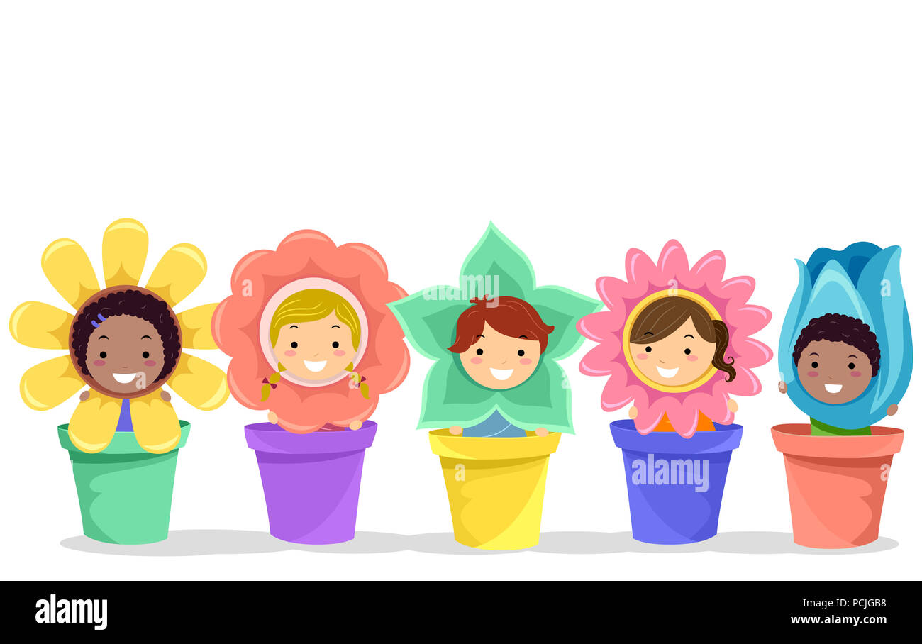 Illustration of Stickman Kids Wearing Flower Costume on Pots Stock ...