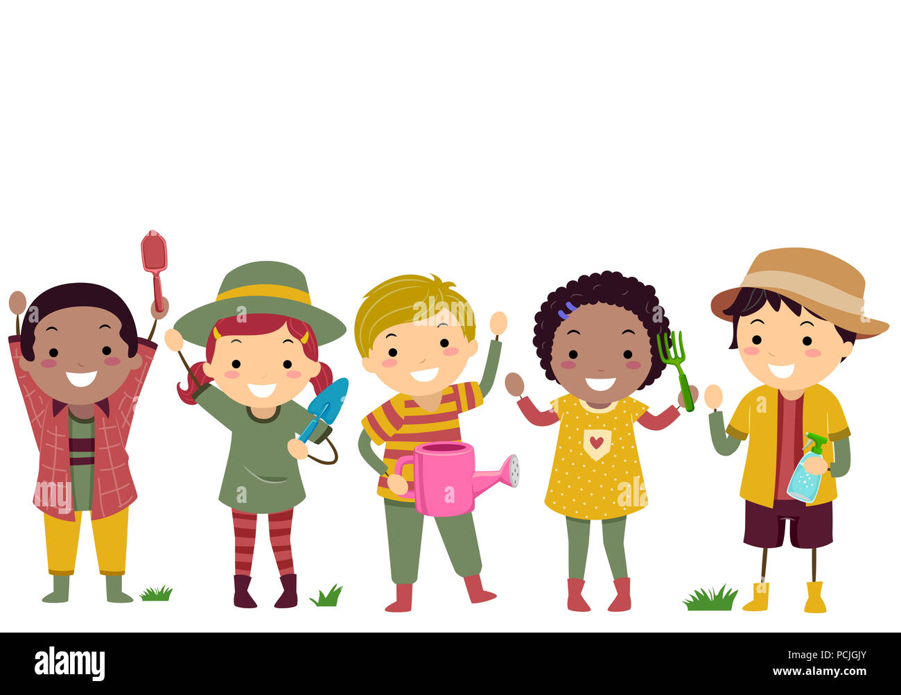Illustration of Stickman Kids Wearing Gardening Outfits and Holding ...