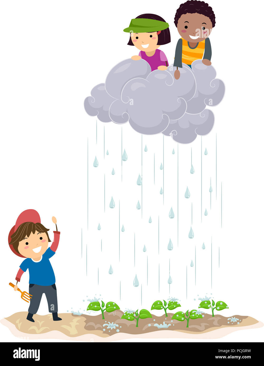 Fantasy Illustration of Stickman Kids Riding a Rain Cloud Watering the ...