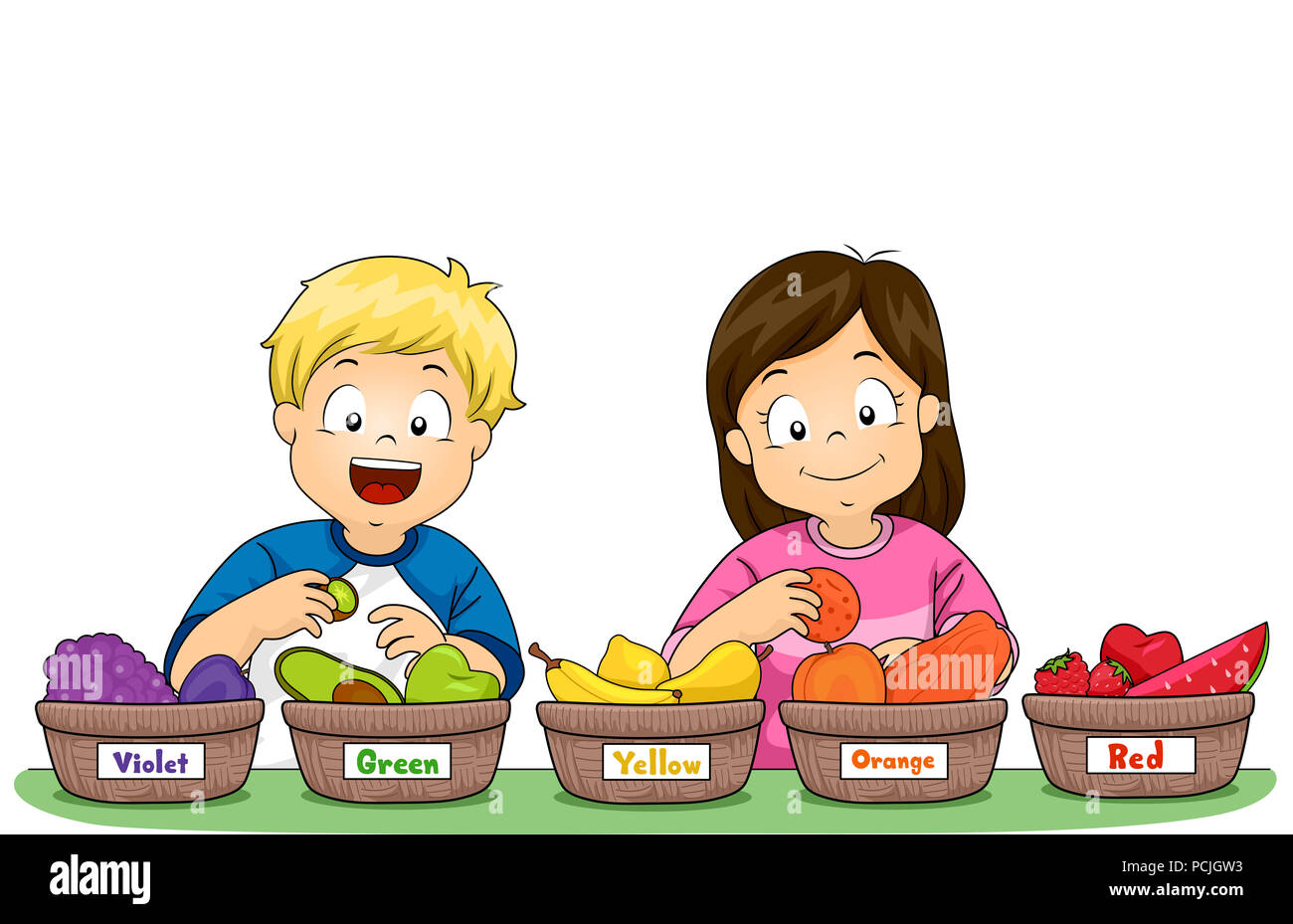 Illustration of Kids Sorting Fruits By Color in Different Baskets from ...