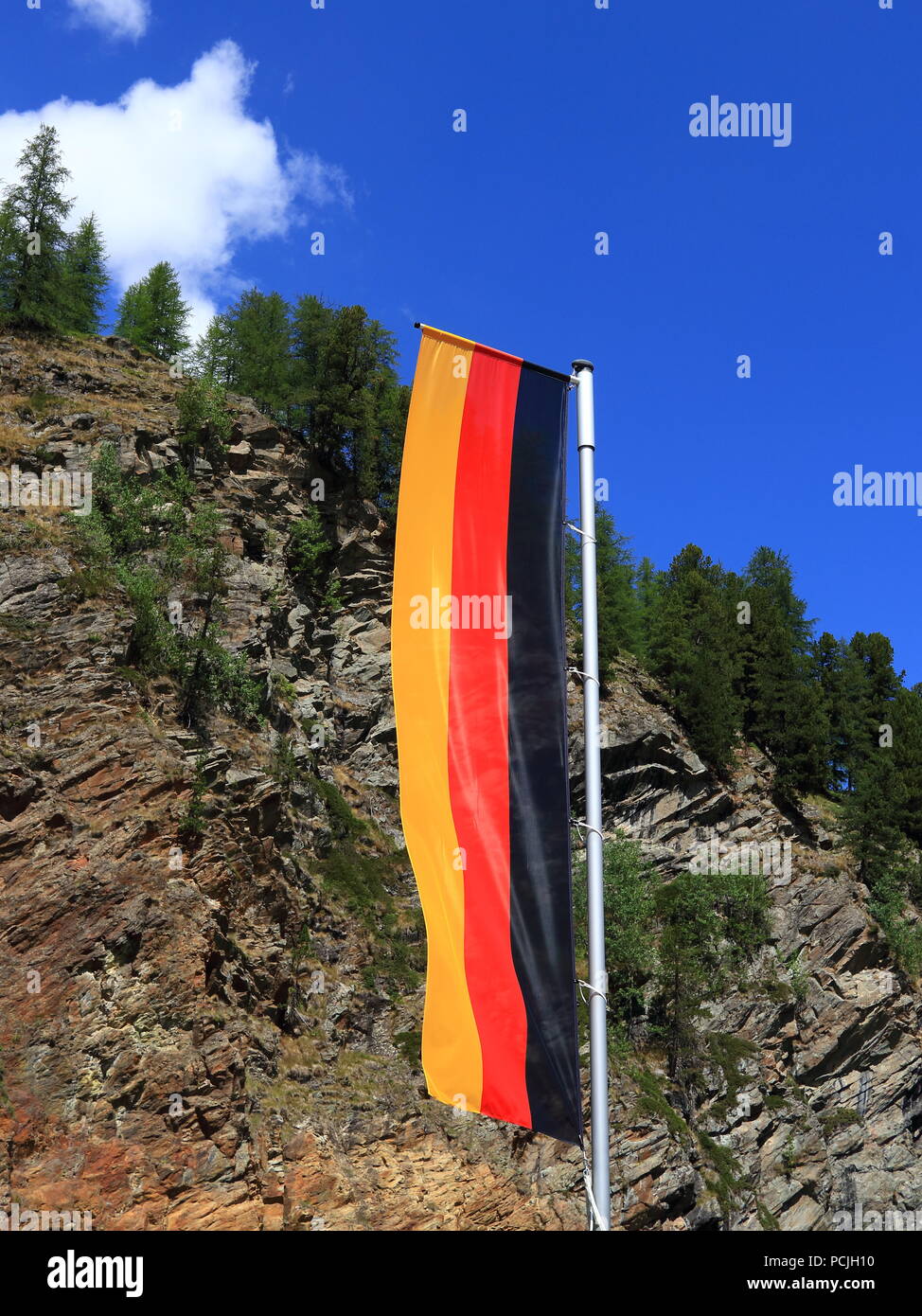 Flag of Germany against forest and blue sky background Stock Photo - Alamy