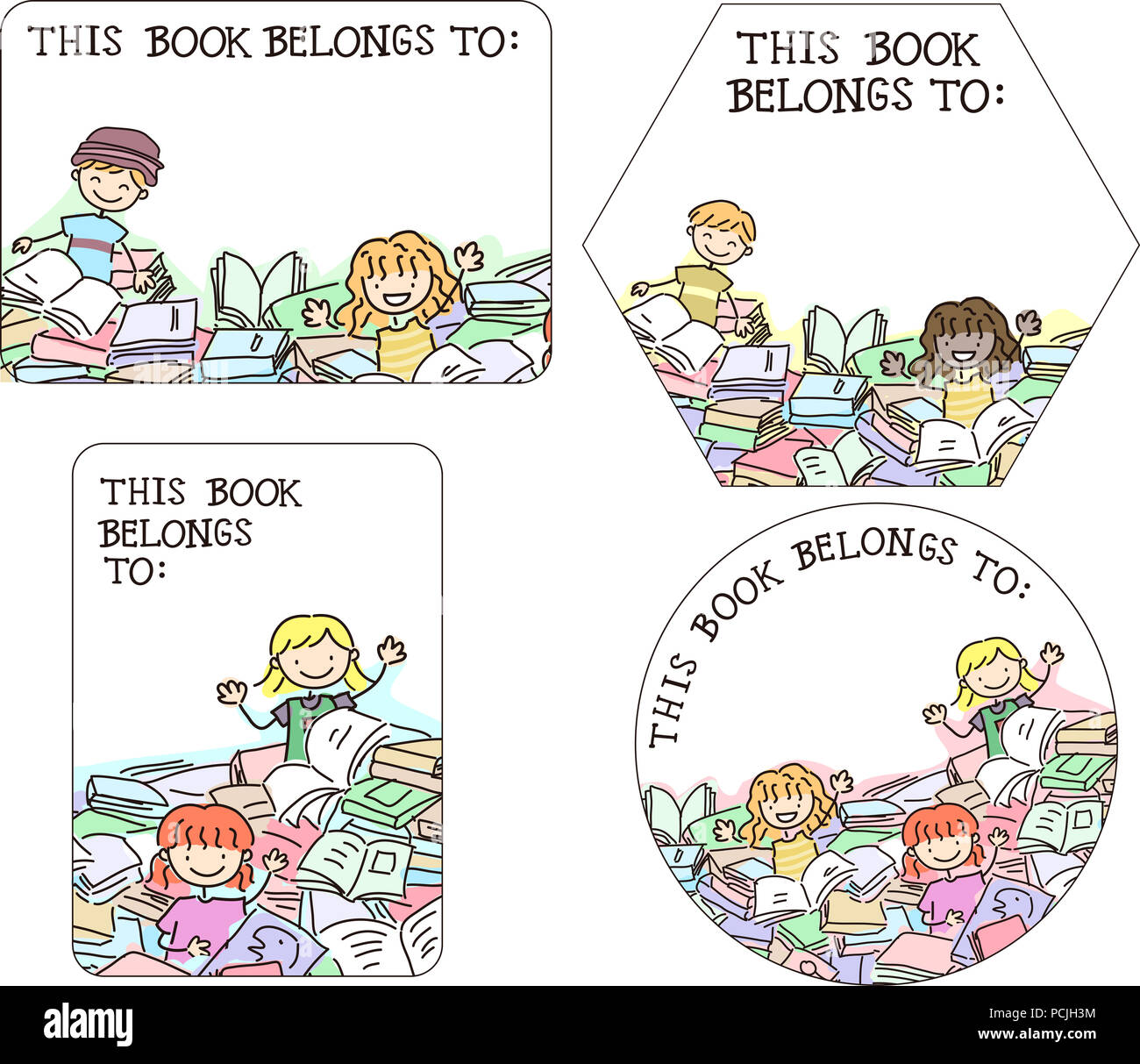 Illustration of Stickman Kids Among Books as Design for Book Labels ...