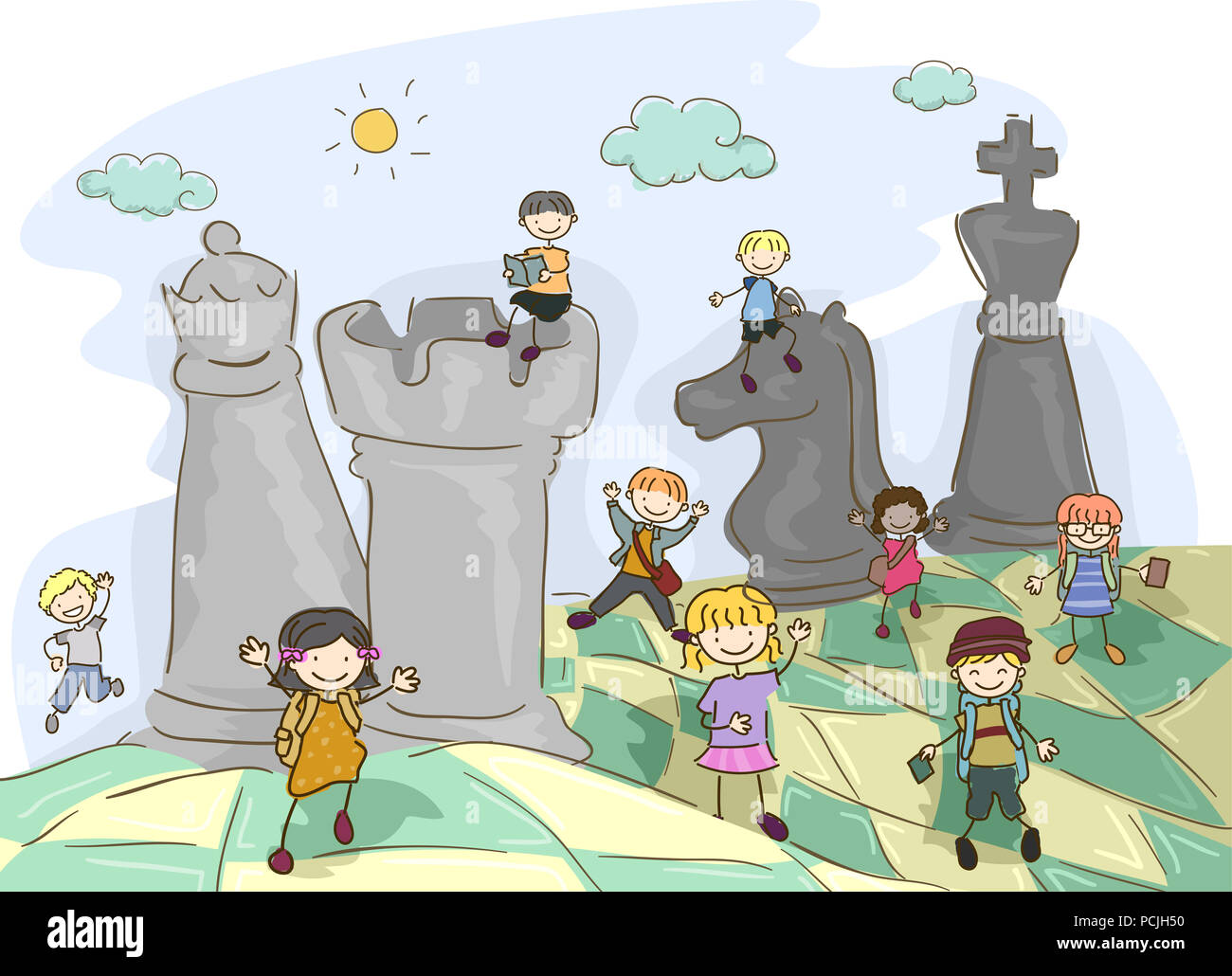 Fantasy Illustration of Stickman Kids Playing with Chess Pieces on ...