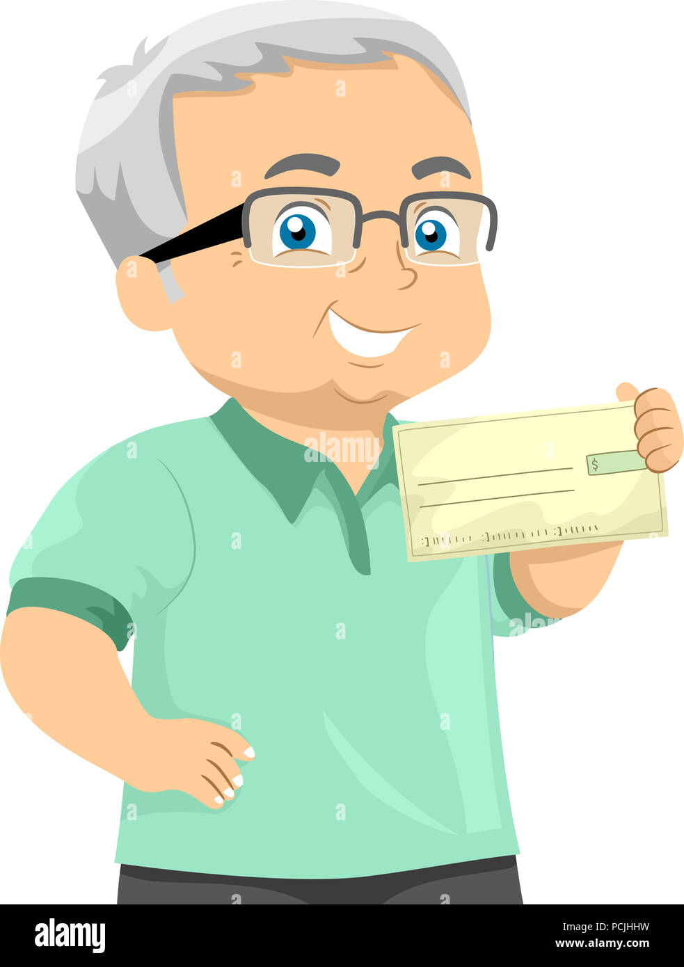 Illustration of a Senior Man Showing a Check He Received as Pension ...