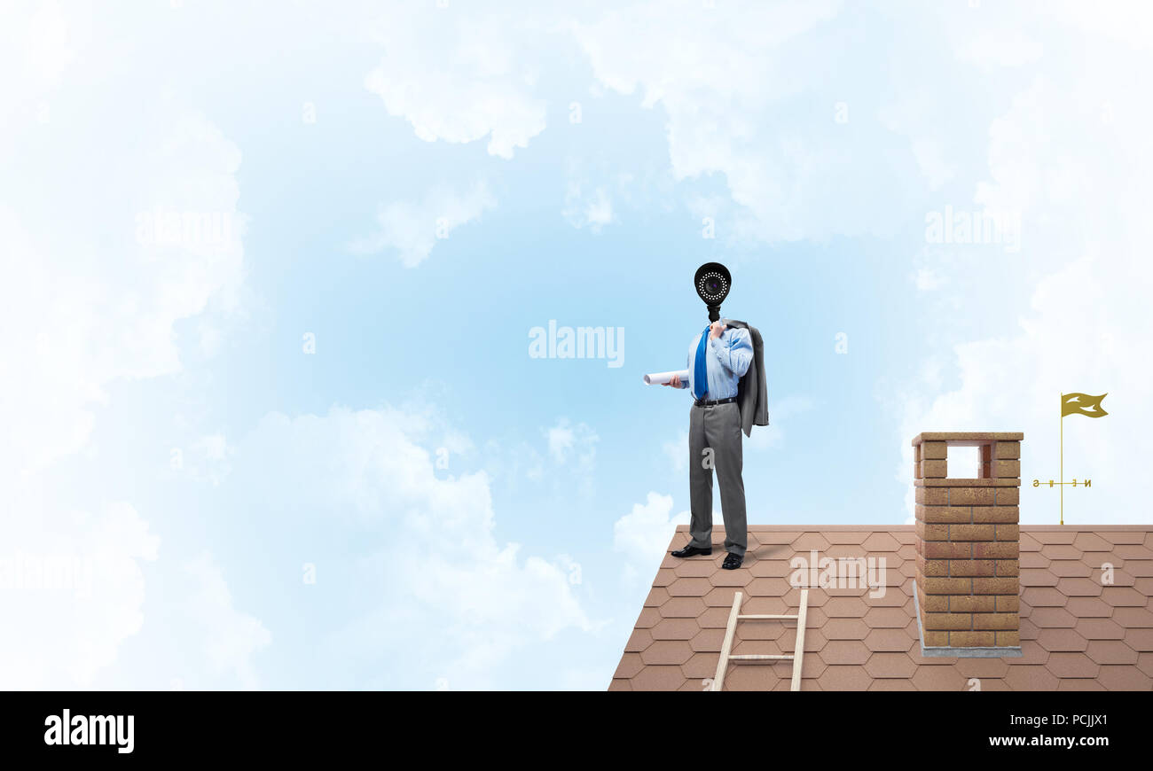 Concept of home security and privacy protection with camera headed man ...