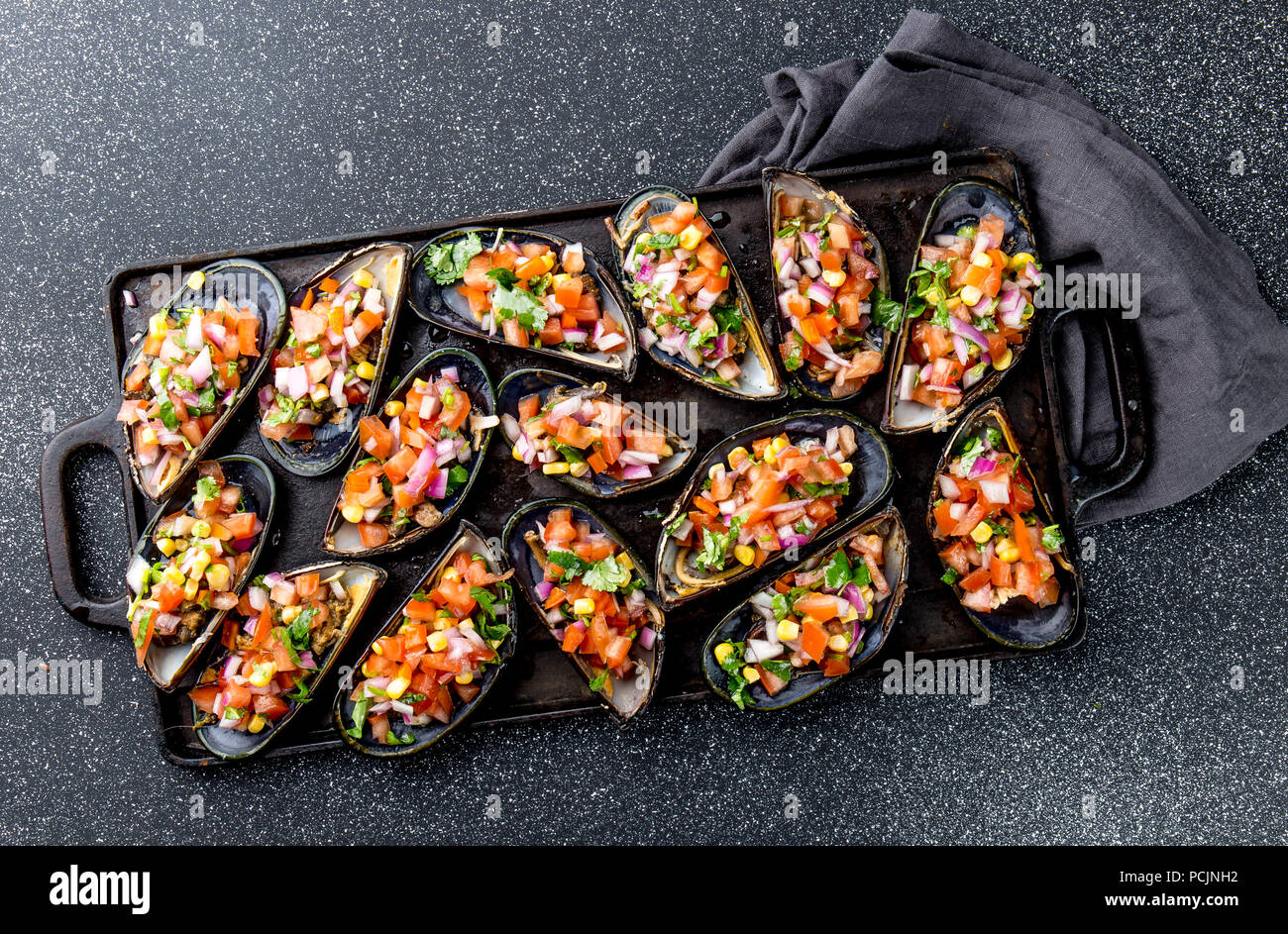 PERUVIAN FOOD. Choros a la chalaca. Big mussels, choros zapatos ...