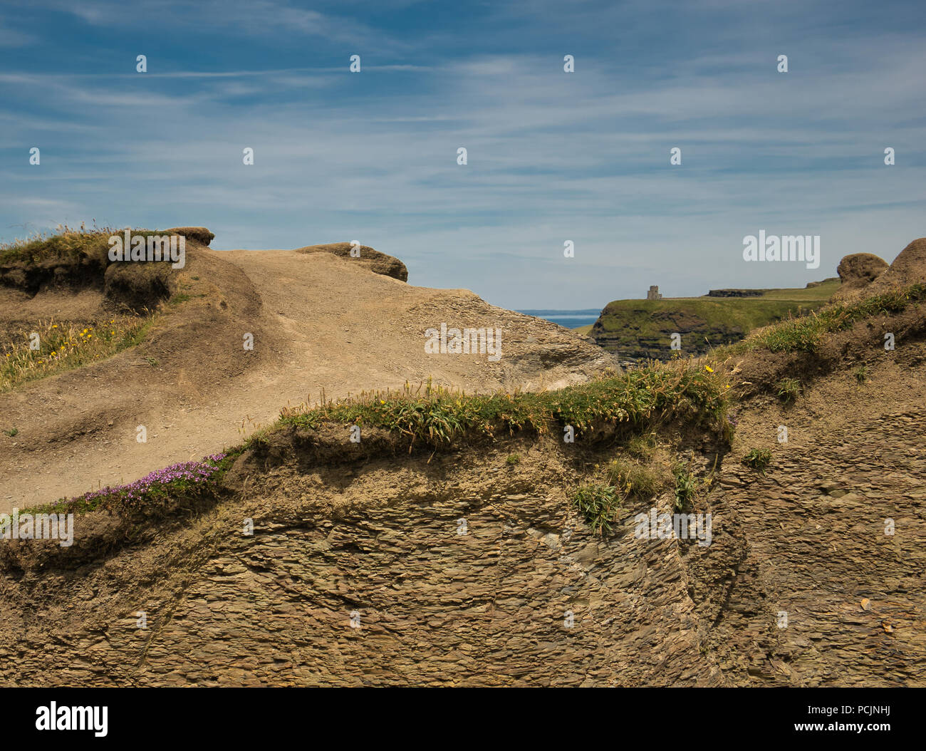 Path at the Cliff of Moher in Trland where the brown rock layer above ...