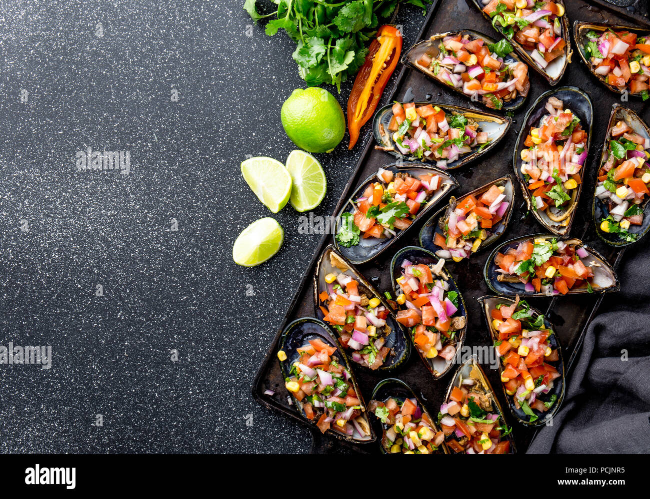 PERUVIAN FOOD. Choros a la chalaca. Big mussels, choros zapatos ...