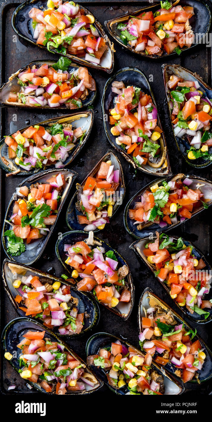 PERUVIAN FOOD. Choros a la chalaca. Big mussels, choros zapatos ...
