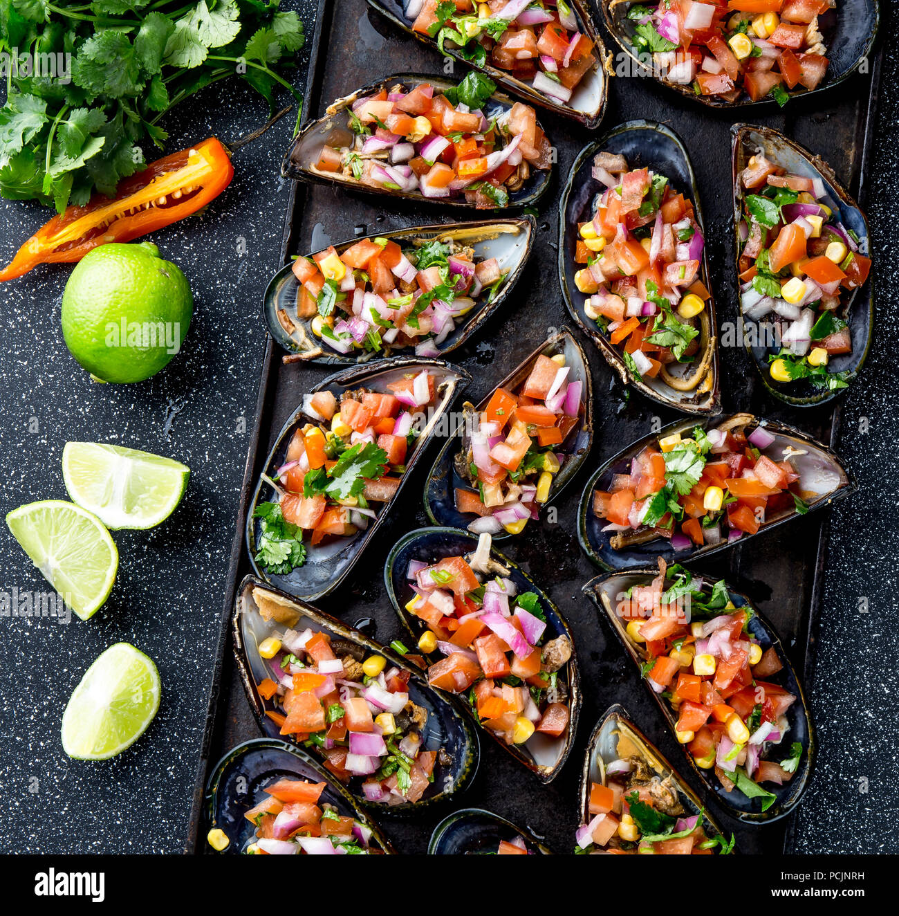 PERUVIAN FOOD. Choros a la chalaca. Big mussels, choros zapatos ...