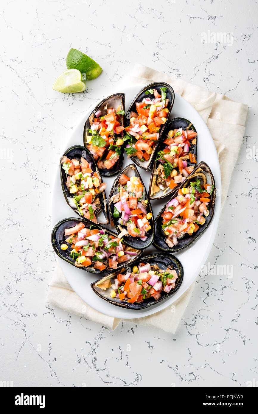 PERUVIAN FOOD. Choros a la chalaca. Big mussels, choros zapatos ...