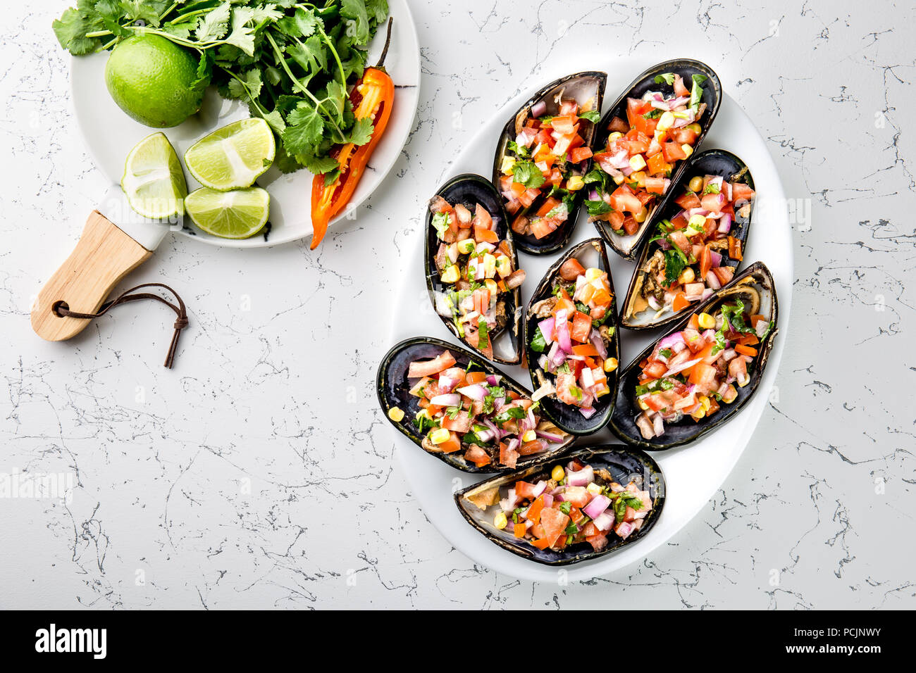 PERUVIAN FOOD. Choros a la chalaca. Big mussels, choros zapatos ...