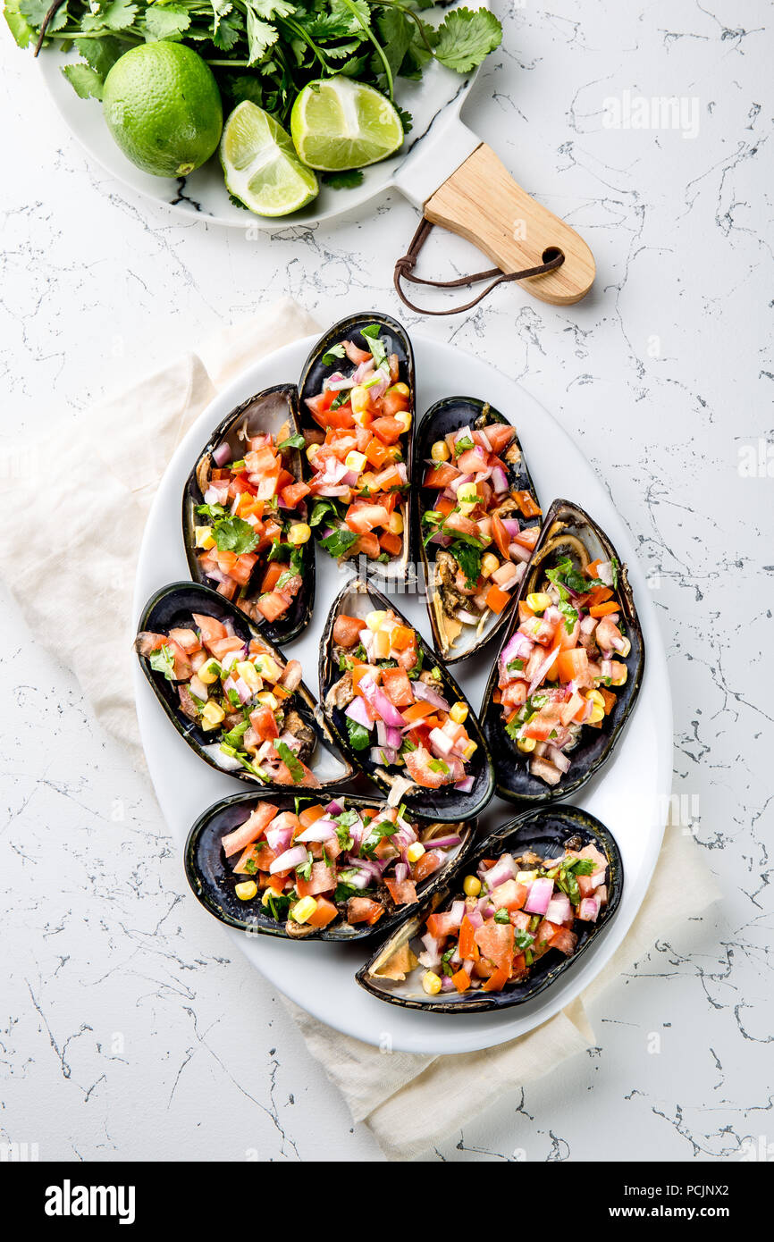 PERUVIAN FOOD. Choros a la chalaca. Big mussels, choros zapatos ...