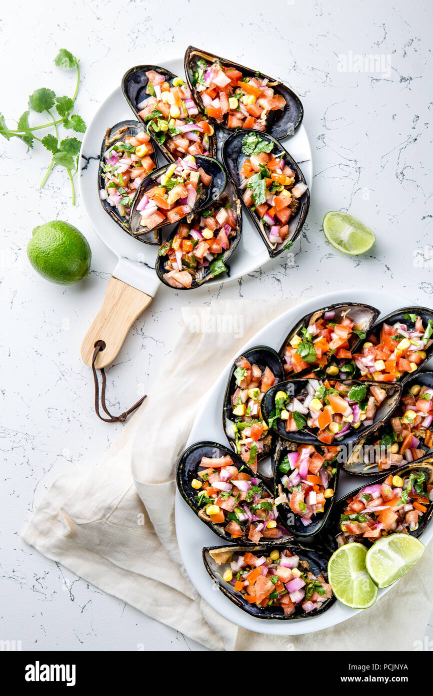 PERUVIAN FOOD. Choros a la chalaca. Big mussels, choros zapatos ...