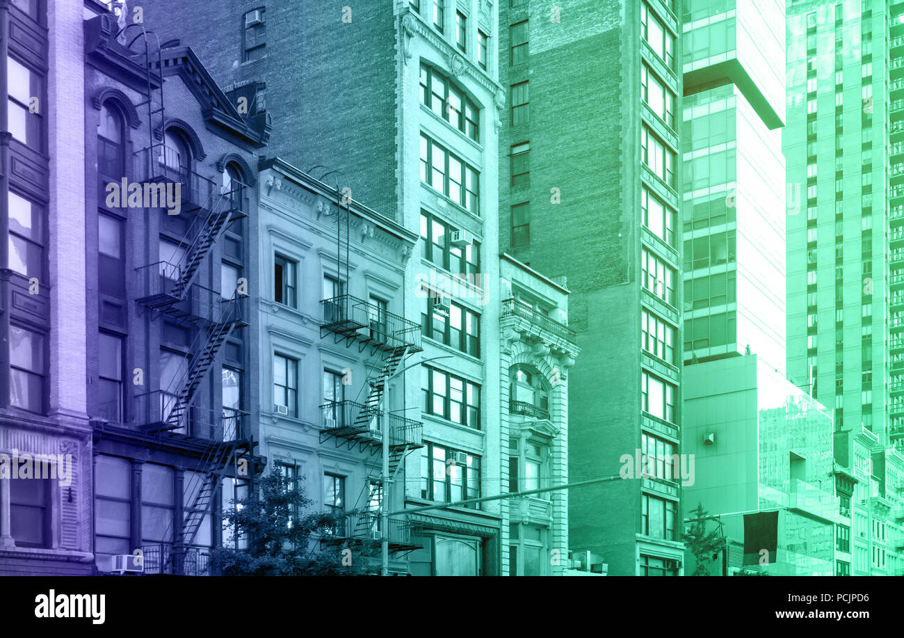 New York City buildings in Manhattan with blue green color overlay ...