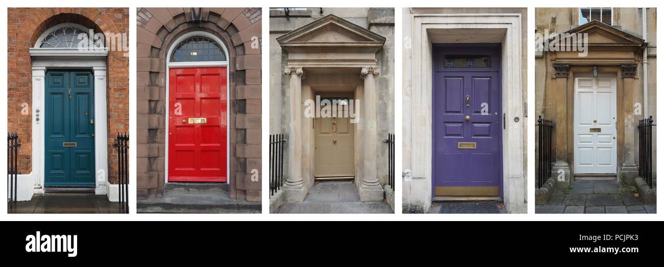 collage of five traditional entrance doors of a British house Stock ...