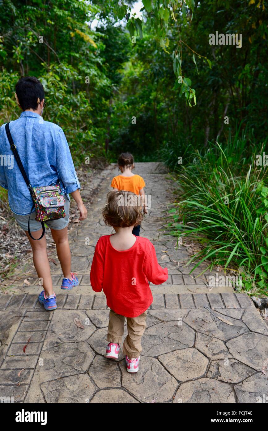 Mother and children walking down from Panjoo Lookout, Cardwell ...