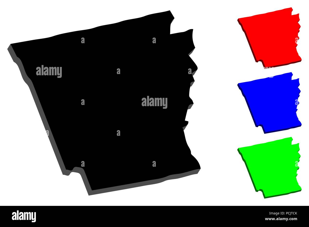 3D map of Arkansas (United States of America) - black, red, blue and ...