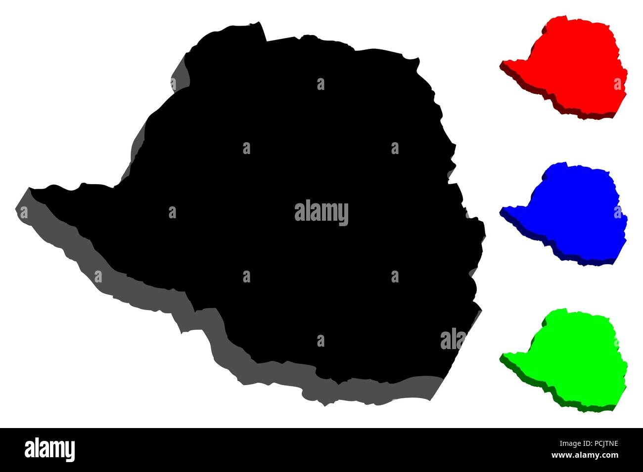 3D map of Zimbabwe (Republic of Zimbabwe) - black, red, blue and green ...