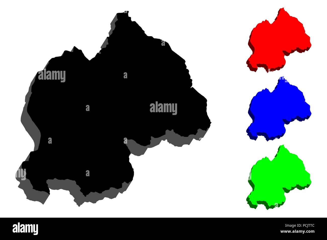3D map of Rwanda (Republic of Rwanda) - black, red, blue and green ...