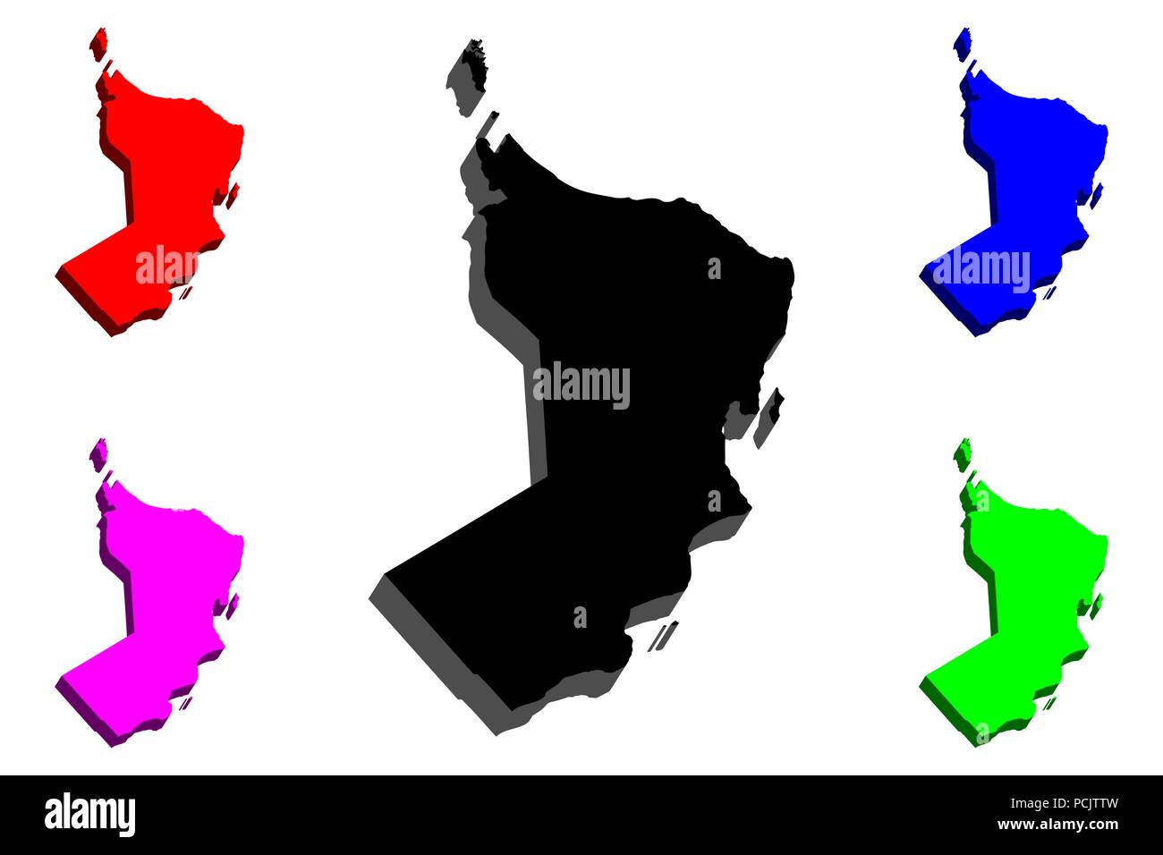 3D map of Oman (Sultanate of Oman) - black, red, purple, blue and green ...