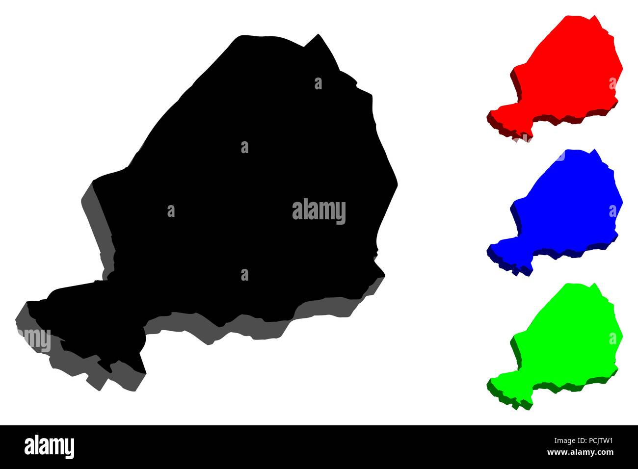 3D map of Niger (Republic of the Niger) - black, red, blue and green ...