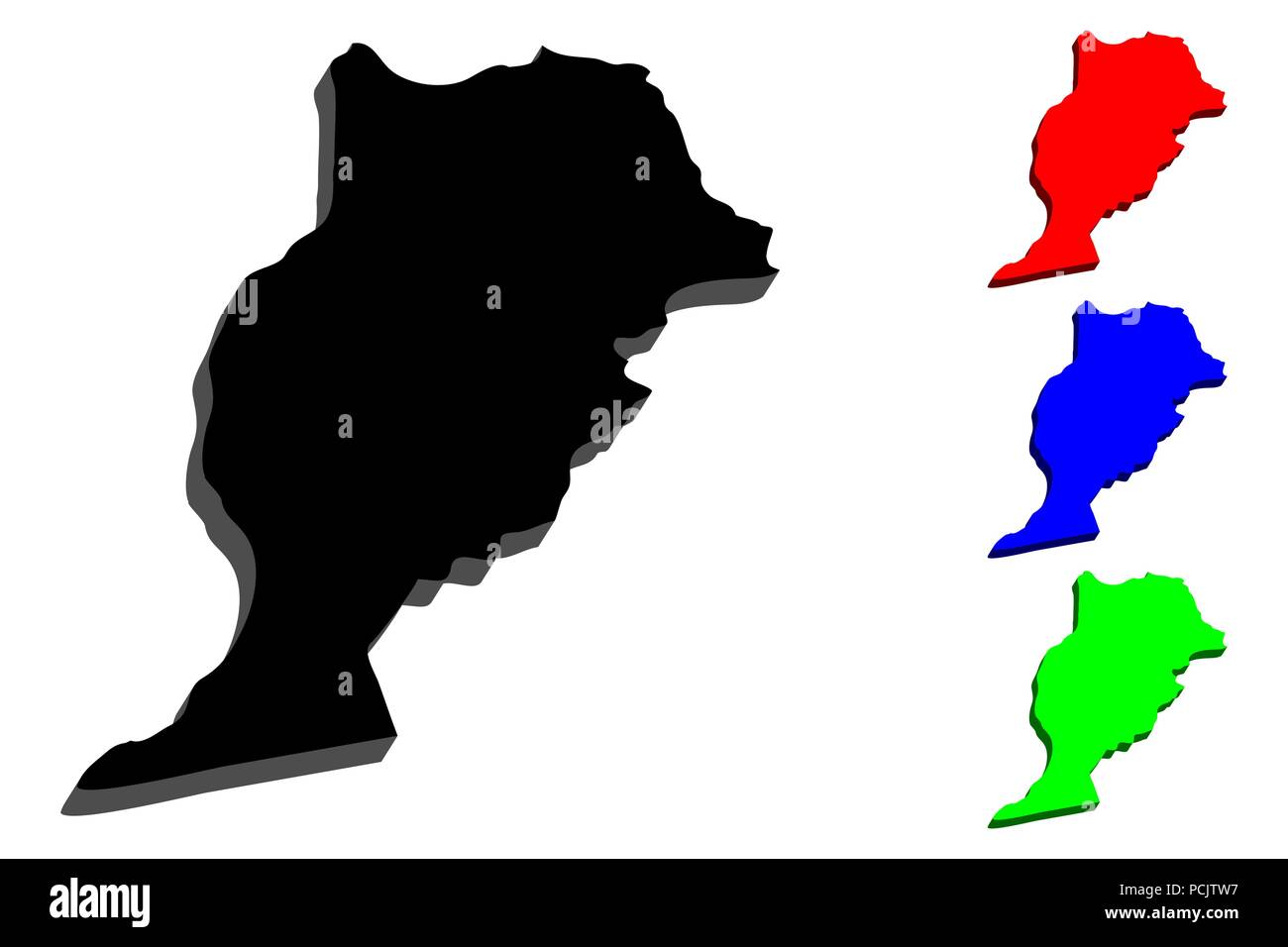 3D map of Morocco (Kingdom of Morocco) - black, red, blue and green ...