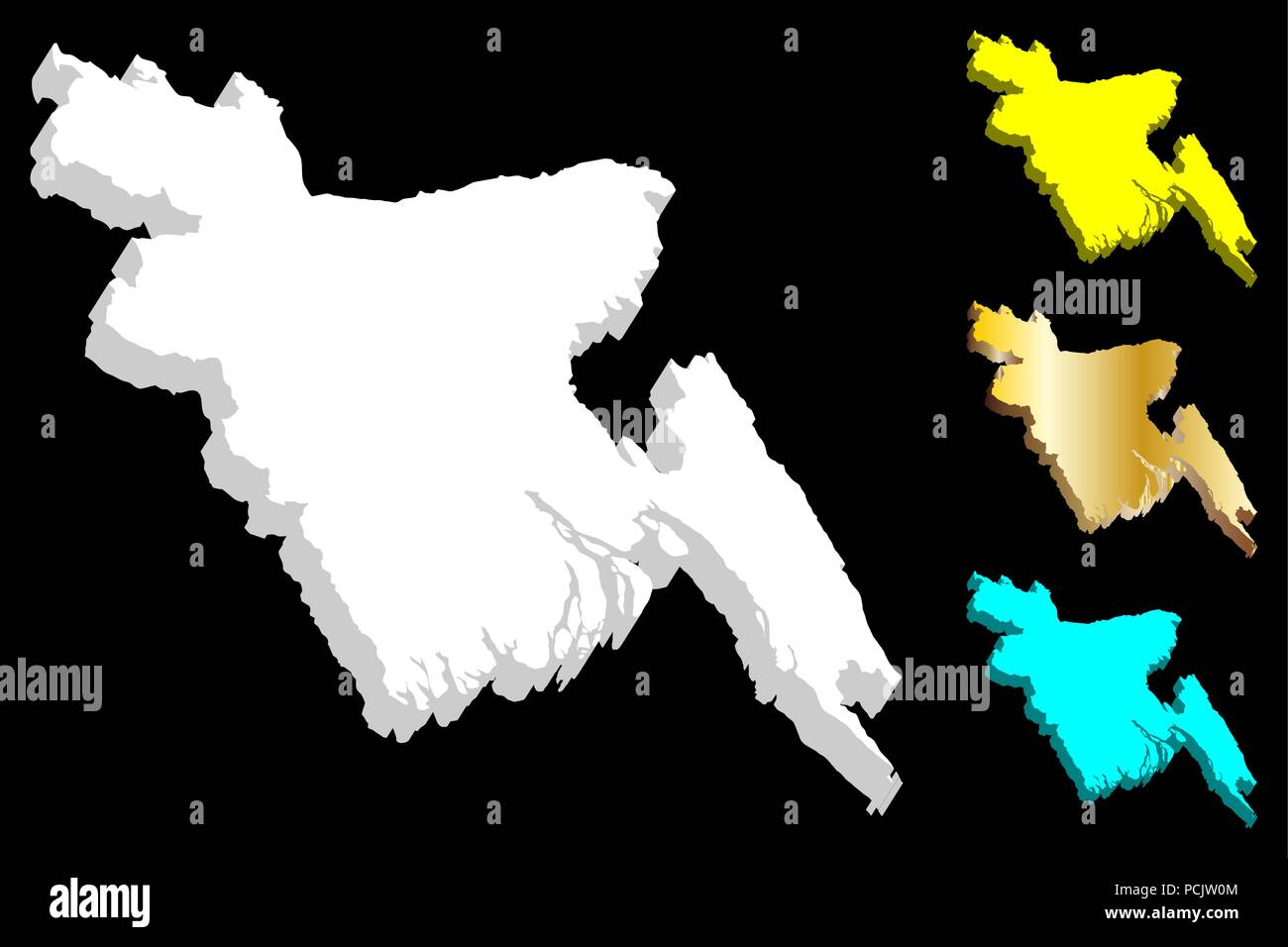 3D map of Bangladesh (People's Republic of Bangladesh) - white, yellow ...
