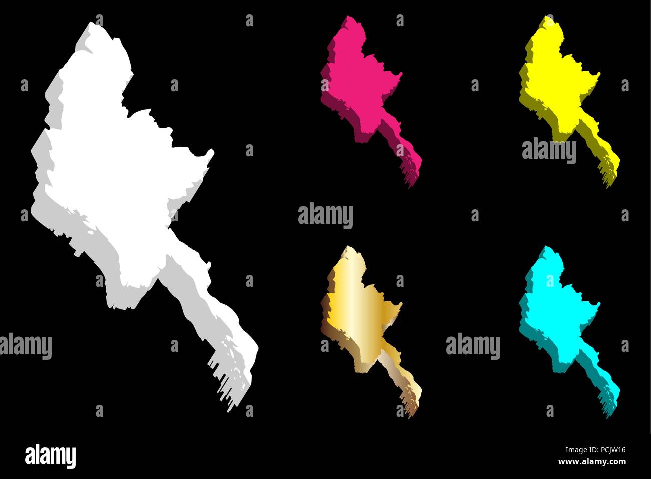 3D map of Myanmar (Republic of the Union of Myanmar, Burma) - white ...