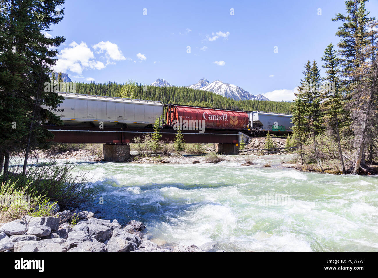 A freight train on the Canadian Pacific Railway crossing the Bow River in the Rocky Mountains at ...
