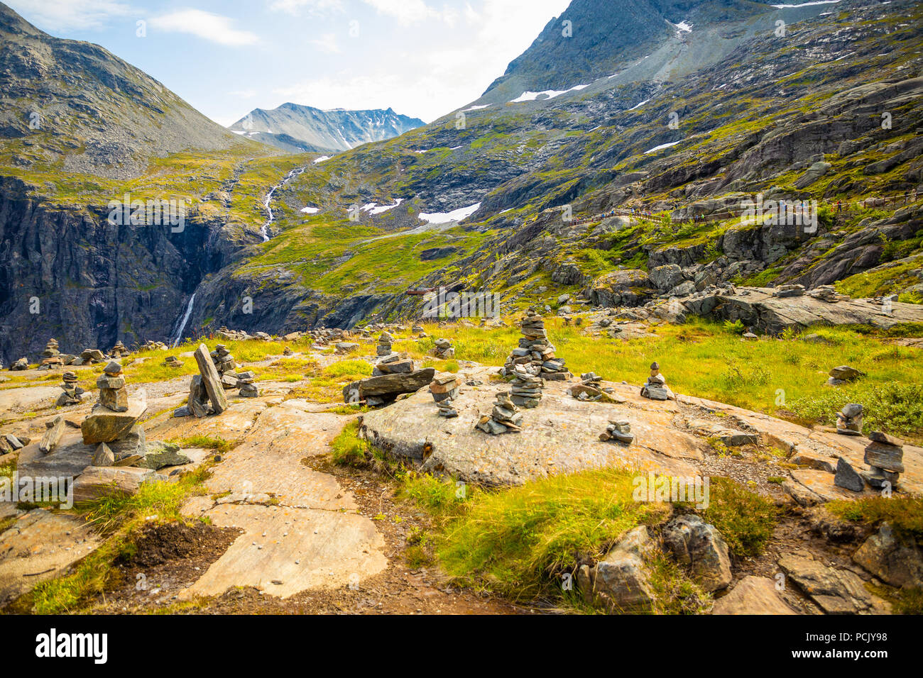 Stone pyramids on mountain background near Trollstigen, Norway Stock ...