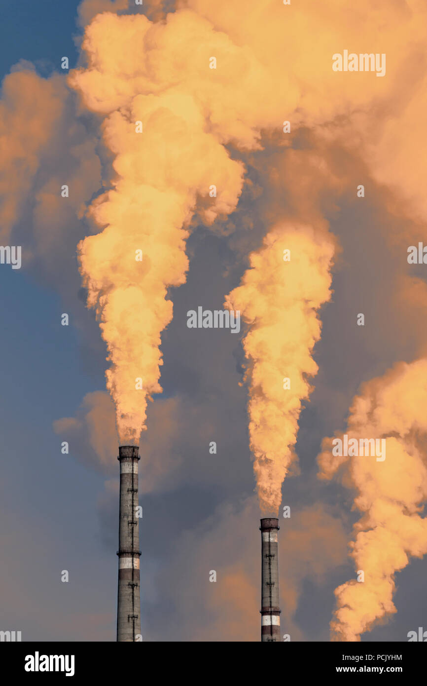 The thick smoke rises high from the industrial pipes. Pollution of the ...