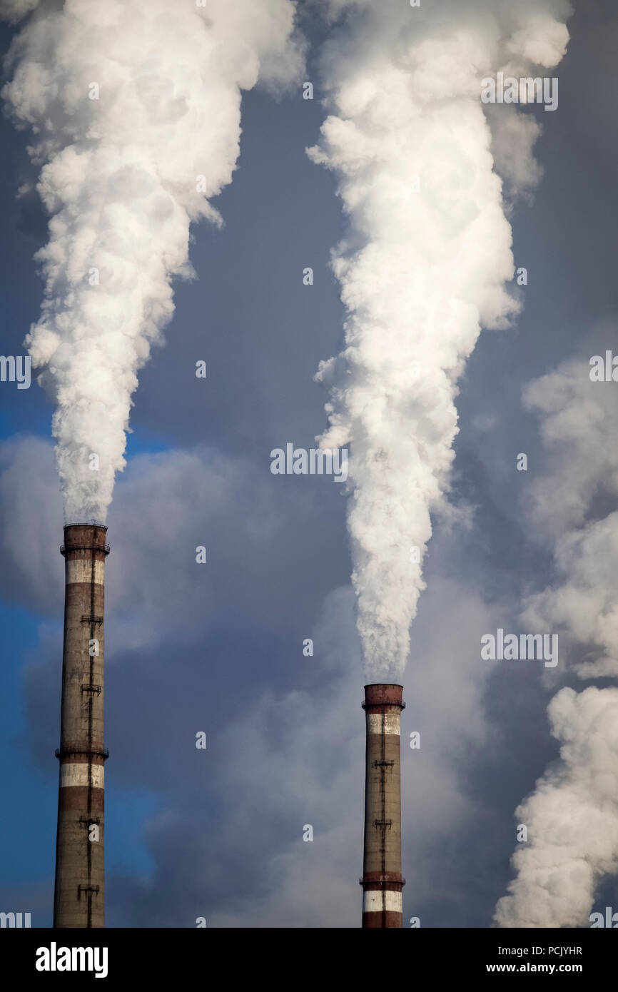 The thick smoke rises high from the industrial pipes. Pollution of the ...