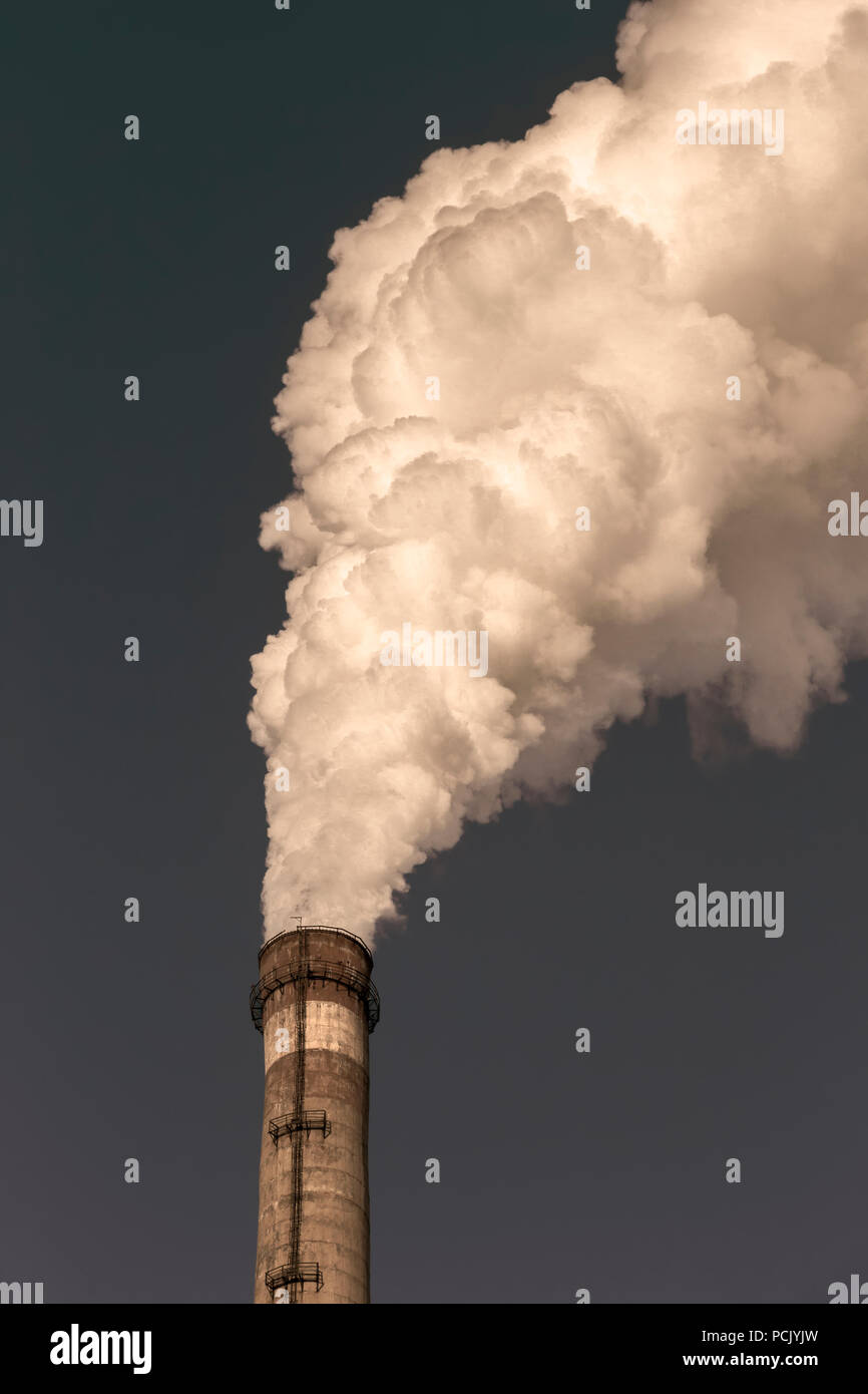 The thick smoke rises high from the industrial pipes. Pollution of the ...