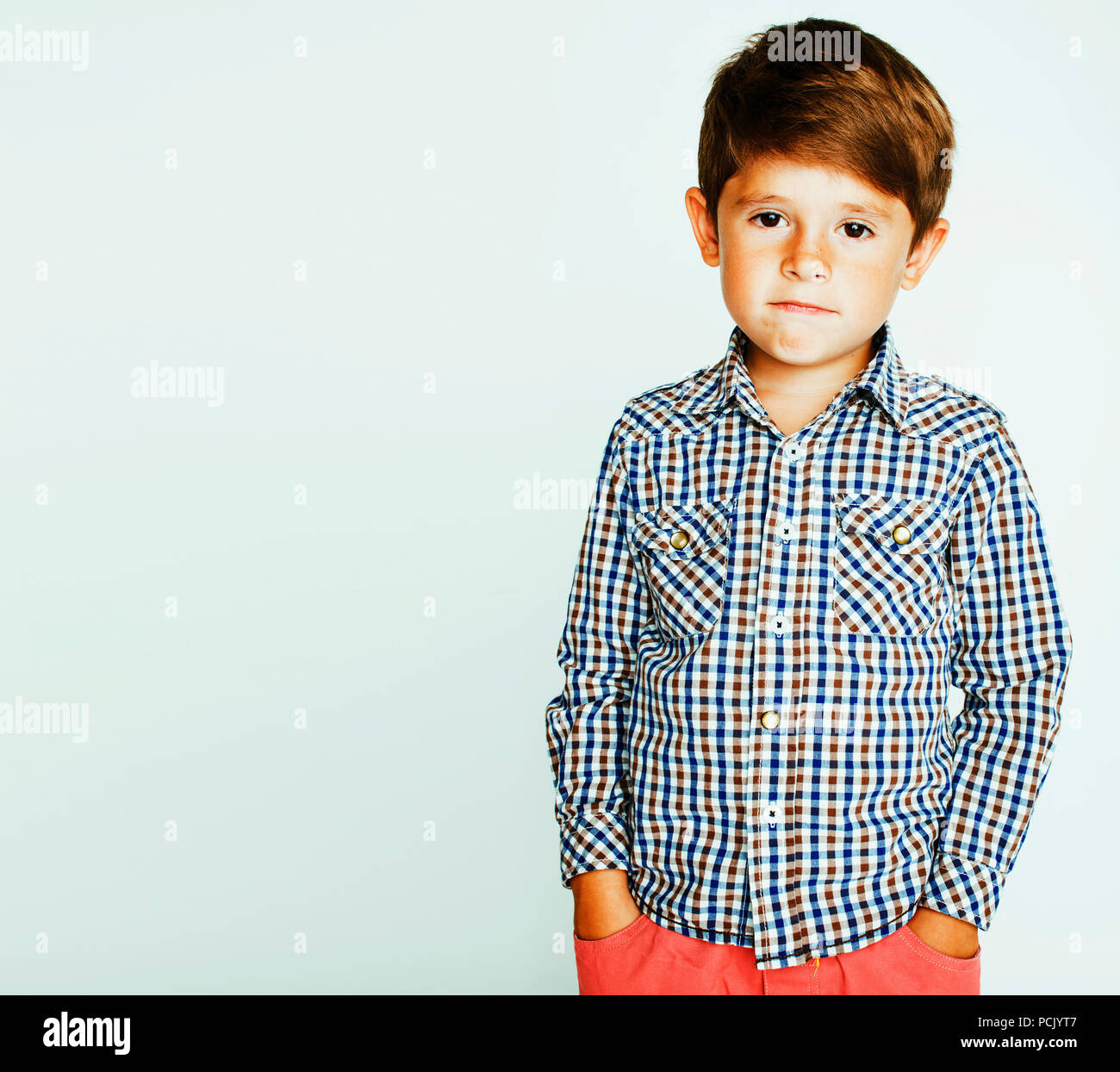 little cute real boy on white background gesture smiling close u Stock ...
