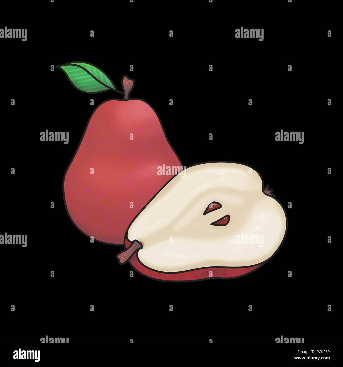 Illustration of Red Bartlett Pears, one whole and one sliced, against a ...