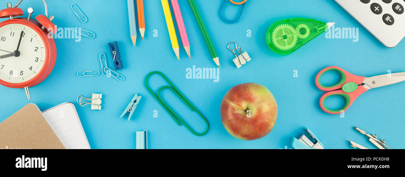Creative flat lay top view back to school concept with color school and ...
