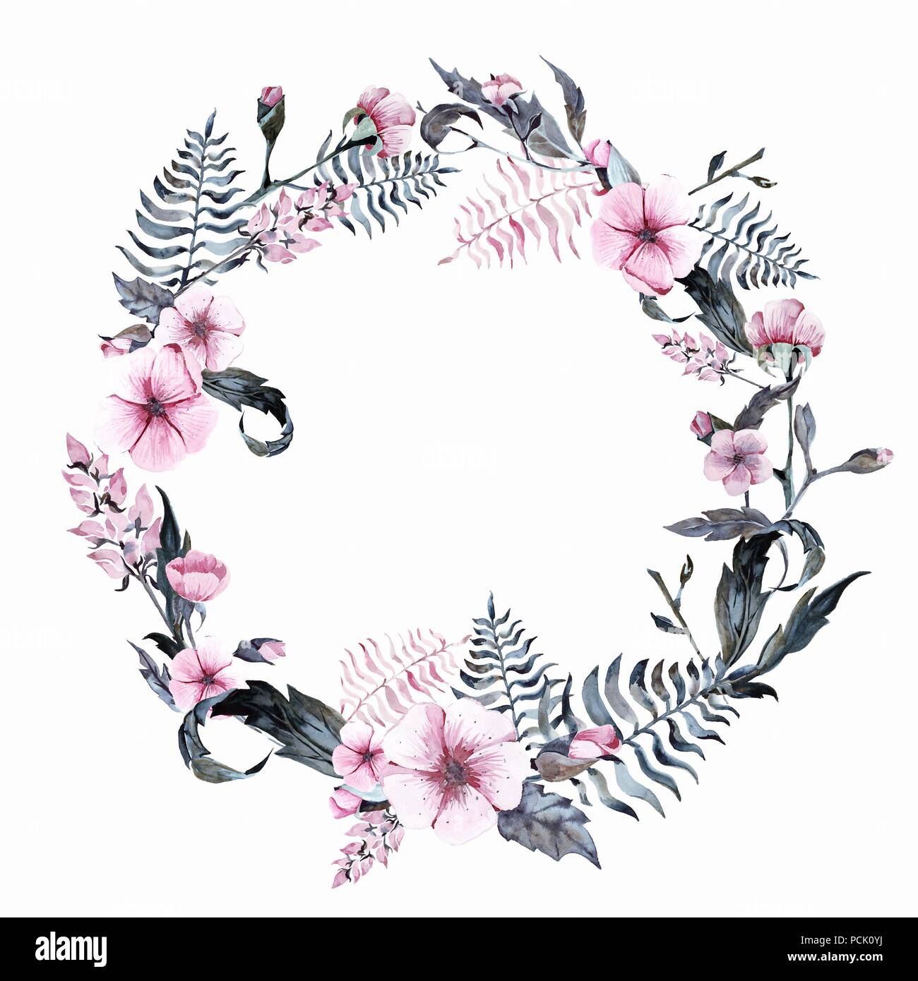 watercolor floral pink wreath hand drawn clip art Stock Photo - Alamy